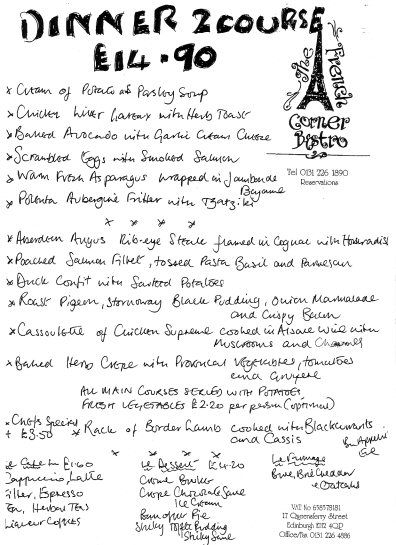 The French Corner Bistro - Menu