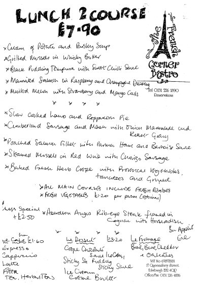 The French Corner Bistro - Menu