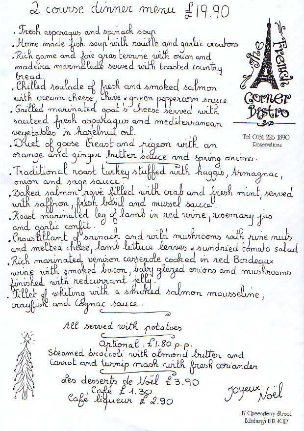 The French Corner Bistro - Menu